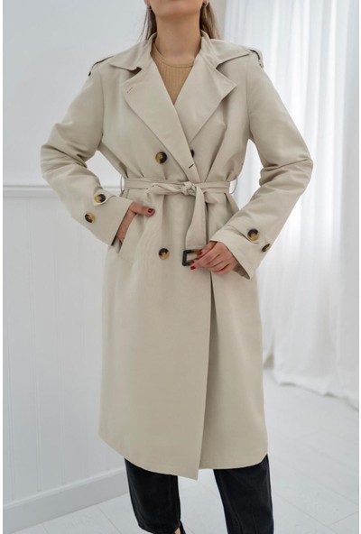 Elbee Kemerli ve Düğmeli Trençkot - Bej