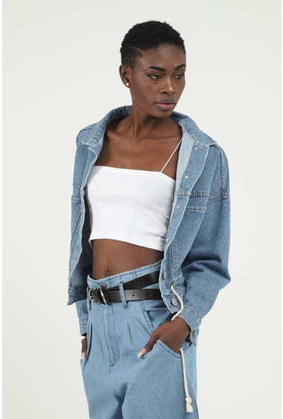 Elbee Bağcıklı ve Düğmeli Kot Ceket - Mavi