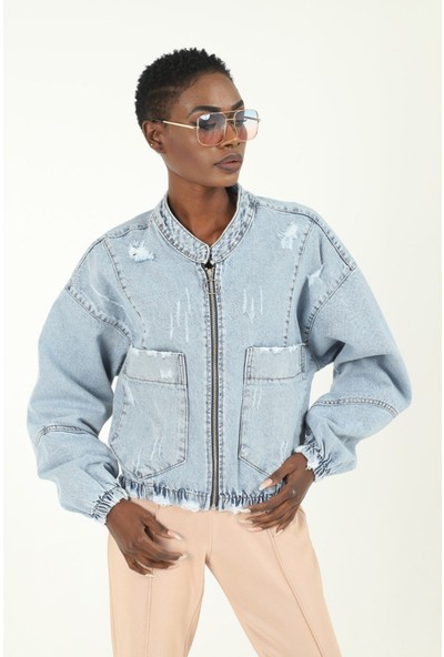 Elbee Fermuarlı Beli Lastikli Kot Ceket - Mavi Elbee Fermuarlı Beli Lastikli Kot Ceket - Mavi