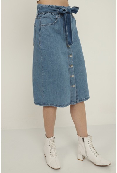 Elbee Kemerli Kot Etek - Mavi