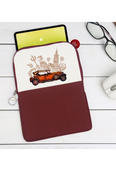 Bk Gift Klasik Araç Tasarımlı Taşınabilir Koruyucu Tablet Kılıfı & Organizer Çanta - Bordo-2