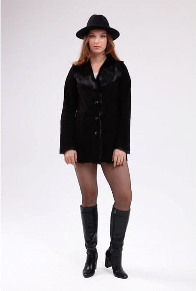 Siyah Süet Tüylü Yaka Deri Kaban 605