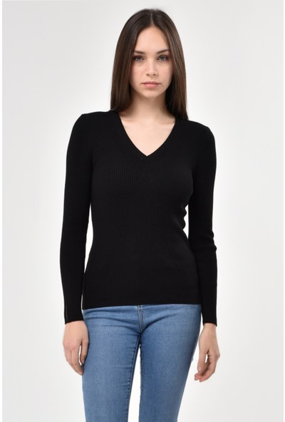 Home Store Triko V-Yaka Kolu Simli Tül Şeritli Siyah Home Store Triko V-Yaka Kolu Simli Tül Şeritli Siyah