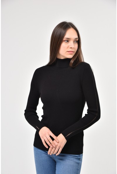 Home Store Triko Balıkçı Kolu Simli Tül Şeritli Fitilli V-Şek.dokumaSiyah Home Store Triko Balıkçı Kolu Simli Tül Şeritli Fitilli V-Şek.dokumaSiyah
