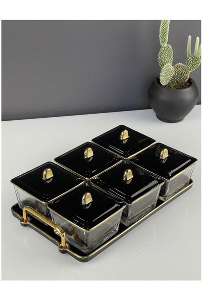 Arow Lüx Porselen Cam Gold Siyah 6 Lı Kahvaltı Takımı