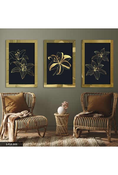 Çizim Çiçek Gold 3 Parça Pleksi Aynalı Tablo Çizim Çiçek Gold 3 Parça Pleksi Aynalı Tablo