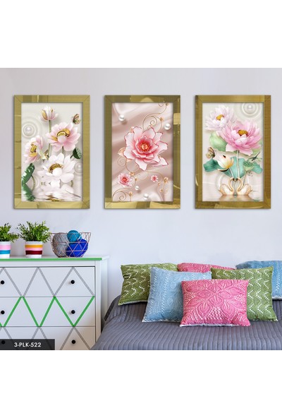 Evine Moda Pembe Çiçekler Gold 3 Parça Pleksi Aynalı Tablo Evine Moda Pembe Çiçekler Gold 3 Parça Pleksi Aynalı Tablo