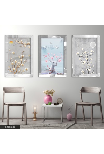 Geyik Çiçek Gümüş 3 Parça Pleksi Aynalı Tablo Geyik Çiçek Gümüş 3 Parça Pleksi Aynalı Tablo