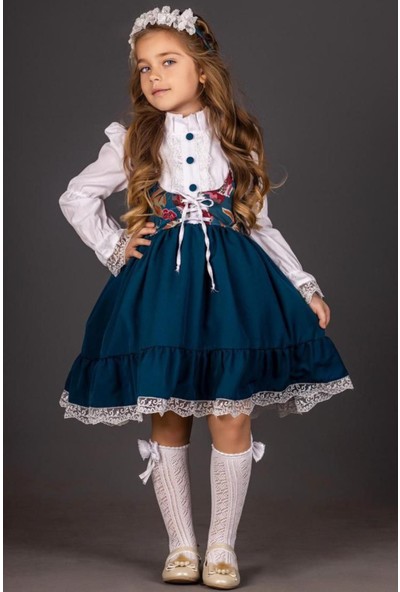 Riccotarz Kız Çocuk Dantelli Çiçek Baskılı Inci Taçlı Petrol Mavisi Elbise