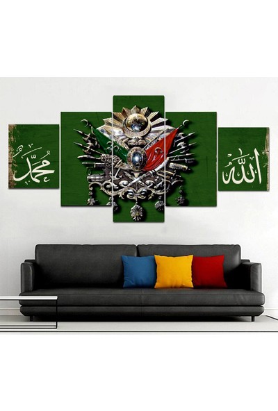 Denizli Uv Baskı Allah Yazılı Yeşil Osmanlı Tuğrası Tasarım Modern 5'li Tablo (165 x 90 Cm)