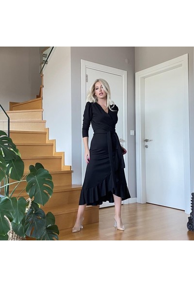 Bon Marche Krep Kumaş Midi Boy Kuşaklı Uzunkol Elbise 113 cm