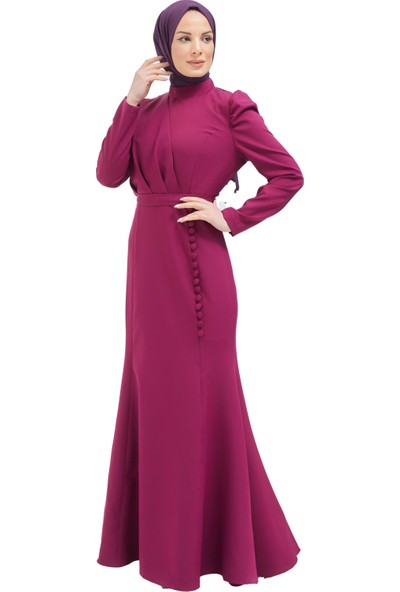 Moda Echer Tesettür Abiye Elbise Düğme Aksesuarlı Dabıl Kumaş