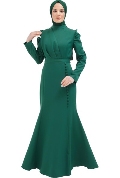 Moda Echer Tesettür Abiye Elbise Düğme Aksesuarlı Dabıl Kumaş