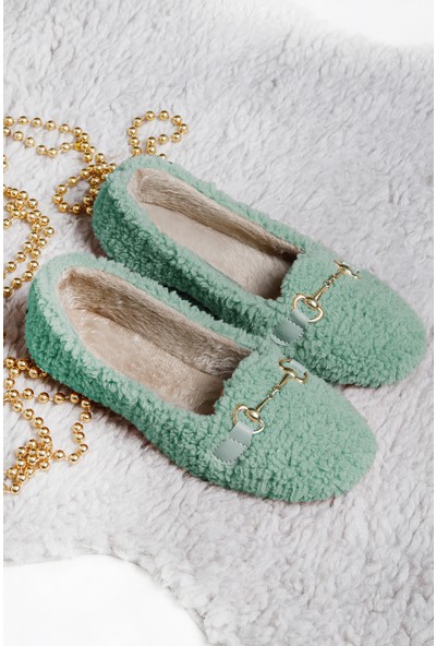 Renkli Butik Peluş Tüylü Zincirli Kadın Ev Ayakkabısı Babet