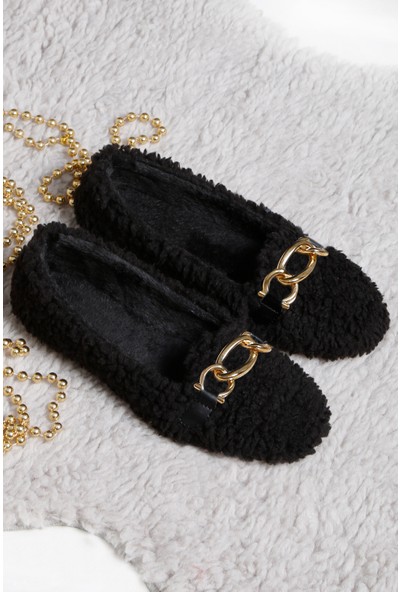 Renkli Butik Peluş Tüylü Zincirli Kadın Ev Ayakkabısı Babet