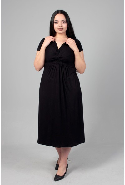 Truva Xxl Büyük Beden Kadın Giyim Kruveze Yaka Elbise Siyah ELB031