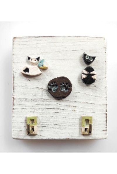 Ahşap Üzerine El Yapımı Seramik Kedi Figürlü Anahtar, Havlu, Takı Askılığı
