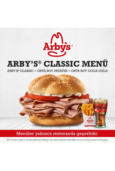 Arby's® Classic Menü (Arby's® Classic Sandviç + Orta Boy Tırtıklı Patates + Orta Boy Coca-Cola) (Gel-Al Serviste Geçerlidir) Arby's® Classic Menü (Arby's® Classic Sandviç + Orta Boy Tırtıklı Patates + Orta Boy Coca-Cola) (Gel-Al Serviste Geçerlidir)