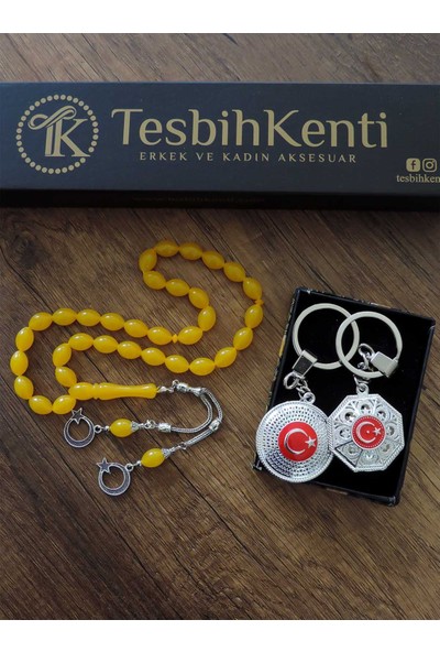 Tesbihkenti 3 Lü Set - Toz Kehribar Tesbih ve 2 Li Anahtarlık