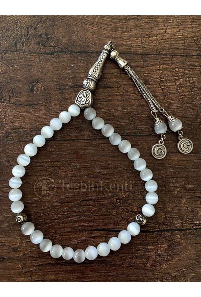 Tesbihkenti Doğal Beyaz Kedi Gözü Taşı Tesbih
