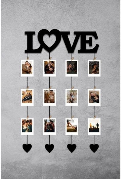 Tsundoku Sevgililer Günü Ipli Mandallı Mdf Fotoğraf Askısı, Love Ahşap Dekoratif Fotoğraflı Anı Çerçevesi