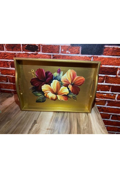 Ahşap Renkli Desenli Tepsi 36X26