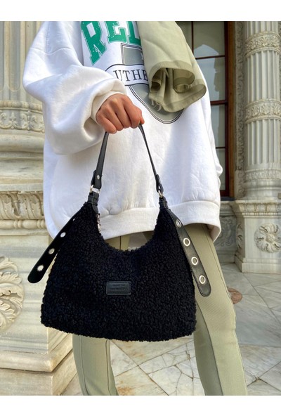 Sembags Teddy Peluş Baget Kadın Omuz Çantası Siyah