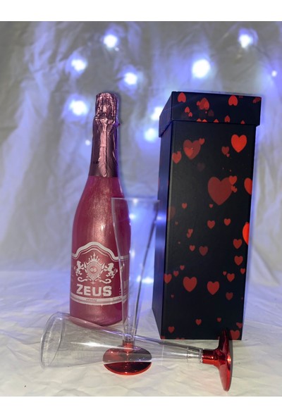 Os Zeus Çilek Aromalı Alkolsüz Şampanya + 4 Çekmeceli Kutu + 2 Kadeh
