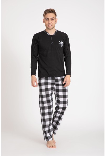 Pemilo Erkek 038 Düğmeli Kareliı Uzun Kol Pijama Takım Siyah Pemilo Erkek 038 Düğmeli Kareliı Uzun Kol Pijama Takım Siyah
