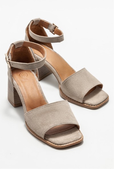 Elle Shoes Bej Deri Kadın Topuklu Sandalet