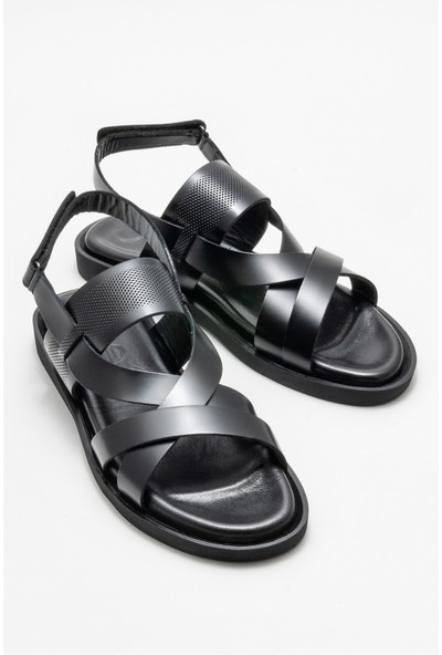 Elle Shoes Siyah Deri Erkek Günlük Sandalet