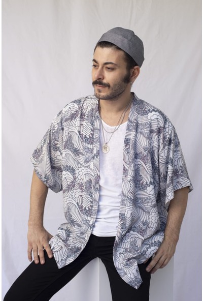 Vatkalimon Standart Beden Beyaz Ejderha Desenli Kimono