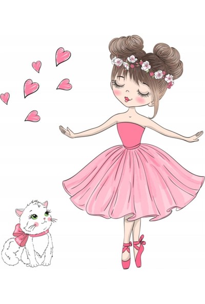 Dez Balerin Kız ve Kedi Duvar Stickerı