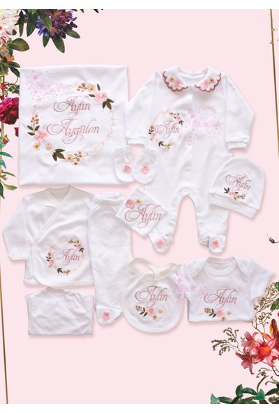 Minilola Pudra Kahve Çok Renkli Papatya Gül Işlemeli Yakalı Isimli 10LU Set Minilola Pudra Kahve Çok Renkli Papatya Gül Işlemeli Yakalı Isimli 10LU Set