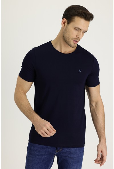 Kiğılı Bisiklet Yaka Slim Fit Nakışlı Tişört