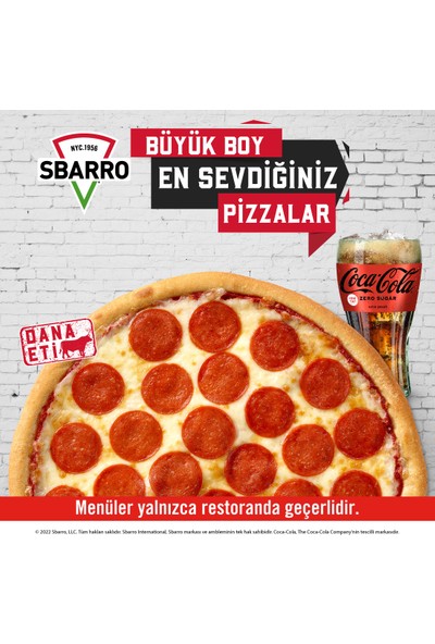 Sbarro Büyük Boy Pizza Menü (Büyük Boy Pizza + Orta Boy Coca-Cola) (Gel-Al Serviste Geçerlidir) Sbarro Büyük Boy Pizza Menü (Büyük Boy Pizza + Orta Boy Coca-Cola) (Gel-Al Serviste Geçerlidir)