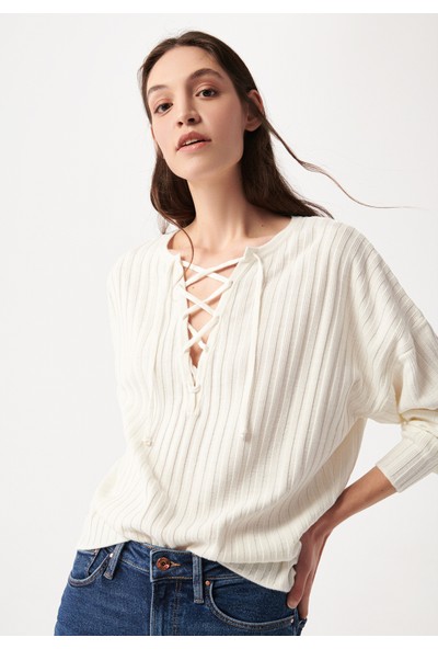 Mavi Kadın Bağcıklı Beyaz Kazak 1710052-70007