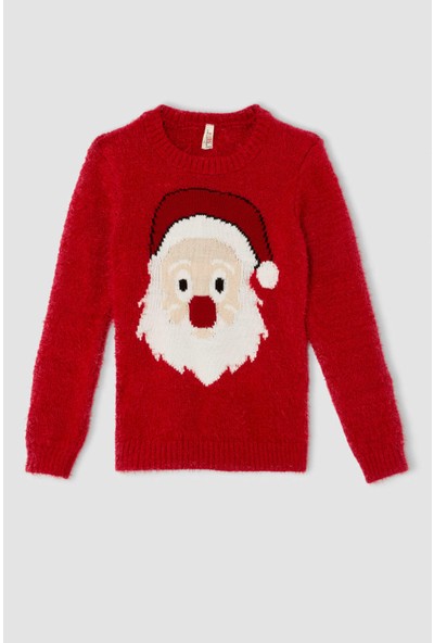 DeFacto Kız Çocuk Yılbaşı Temalı Bisiklet Yaka Noel Baba Figürlü Sakal İp Kazak U6117A621WN