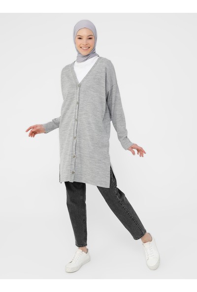 Refka Düğmeli Triko Hırka - Gri Melanj - Refka Basic Refka Düğmeli Triko Hırka - Gri Melanj - Refka Basic