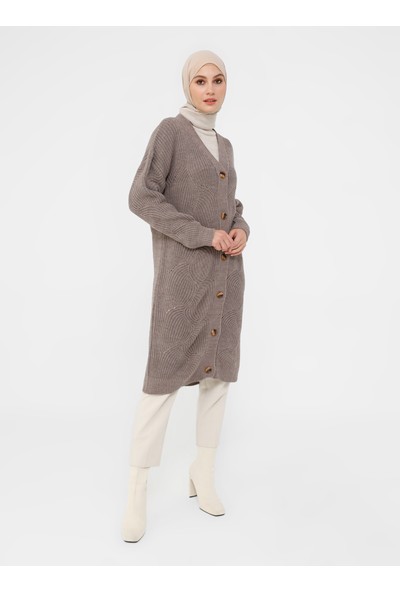 Refka Düğmeli Örgü Detaylı Triko Hırka - Vizon - Refka Refka Düğmeli Örgü Detaylı Triko Hırka - Vizon - Refka