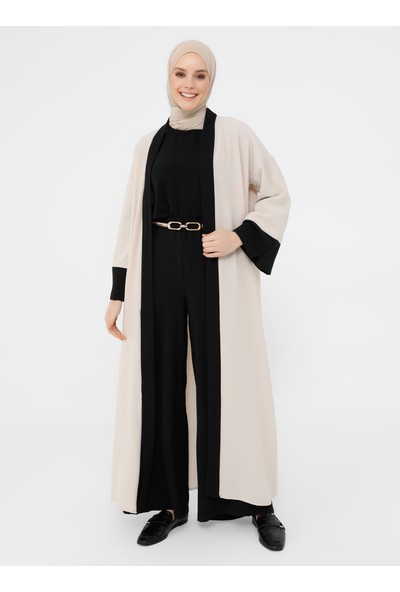 Refka Iki Renkli Aerobin Ferace Kimono - Bej Siyah - Refka Casual Refka Iki Renkli Aerobin Ferace Kimono - Bej Siyah - Refka Casual