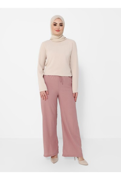 Tavin Beli Lastikli Geniş Paça Pantolon - Gül Kurusu - Tavin