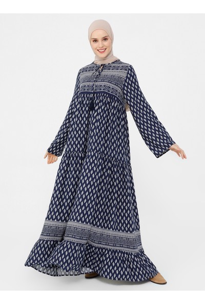 Refka Desenli Püskül Detaylı Viskon Elbise - Lacivert Beyaz - Refka Casual