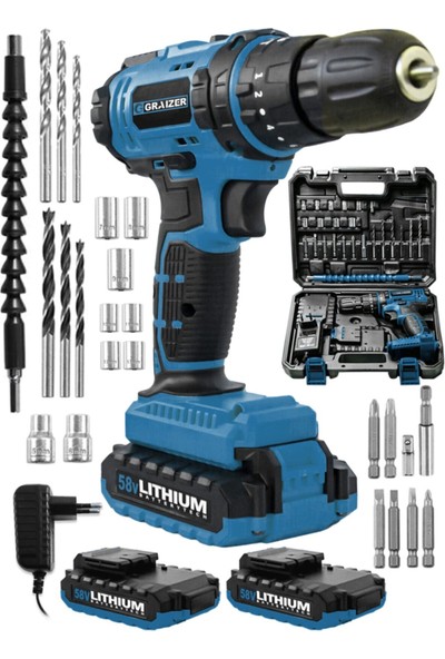 Graizer Alman 58 V 5 Ah Darbeli Bakır Sargılı Metal Şanzuman Çift Akülü Vidalama Matkap + 27 Parça Setli Graizer Alman 58 V 5 Ah Darbeli Bakır Sargılı Metal Şanzuman Çift Akülü Vidalama Matkap + 27 Parça Setli