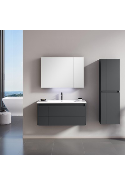 Orka Likya 100 cm Mdf Mat Antrasit Banyo Dolabı Takımı ve Boy Dolabı