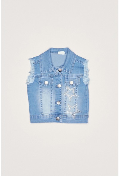 FullaModa Yıldız Baskılı Cep Detaylı Çocuk Kot Yelek FullaModa Yıldız Baskılı Cep Detaylı Çocuk Kot Yelek