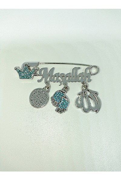 Mavi Çerçi Maşallah Yazılı Bebek Yaka Iğnesi Gümüş Mavi Renkli Mavi Çerçi