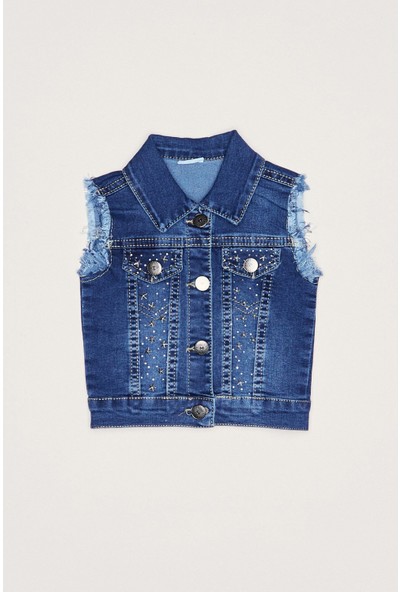 FullaModa Yıldız Baskılı Cep Detaylı Çocuk Kot Yelek FullaModa Yıldız Baskılı Cep Detaylı Çocuk Kot Yelek