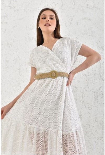 Kadın Beyaz Midi Boy Kemerli Elbise