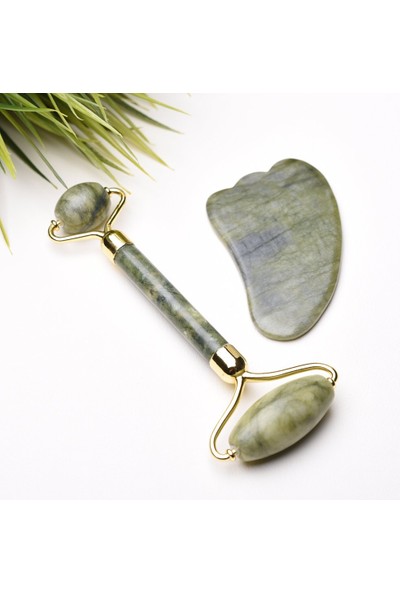 Taş Sepeti Yeşim Jade Roller Ve Yeşim Kaz Ayağı Gua Sha Masaj Taşı Premium Set